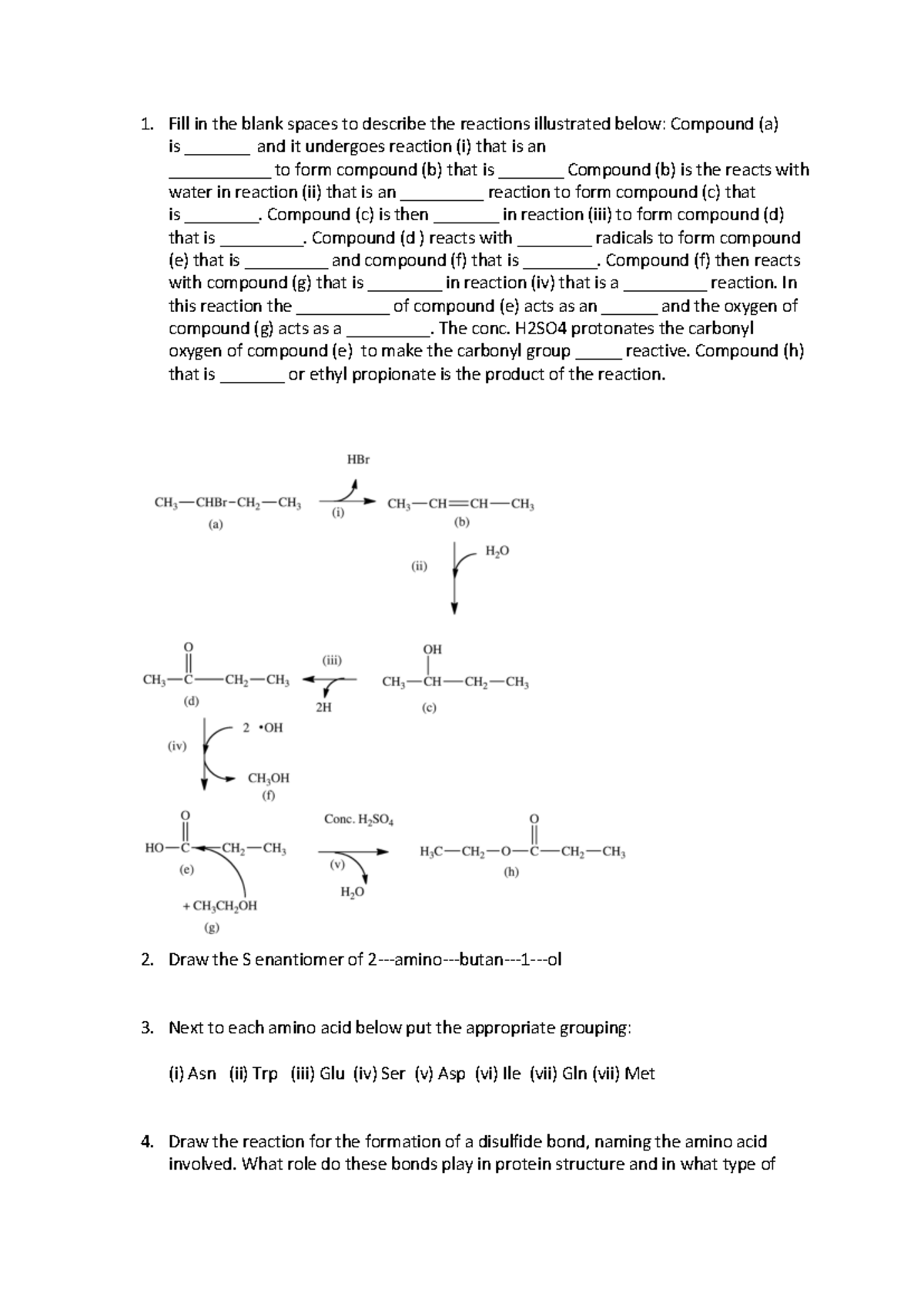 CHEM1004 Worksheet - Fill in the blank spaces to describe the reactions ...