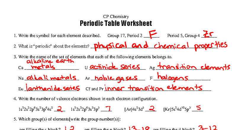 CP Chemistry Periodic Table Worksheet 1 Key - Studocu