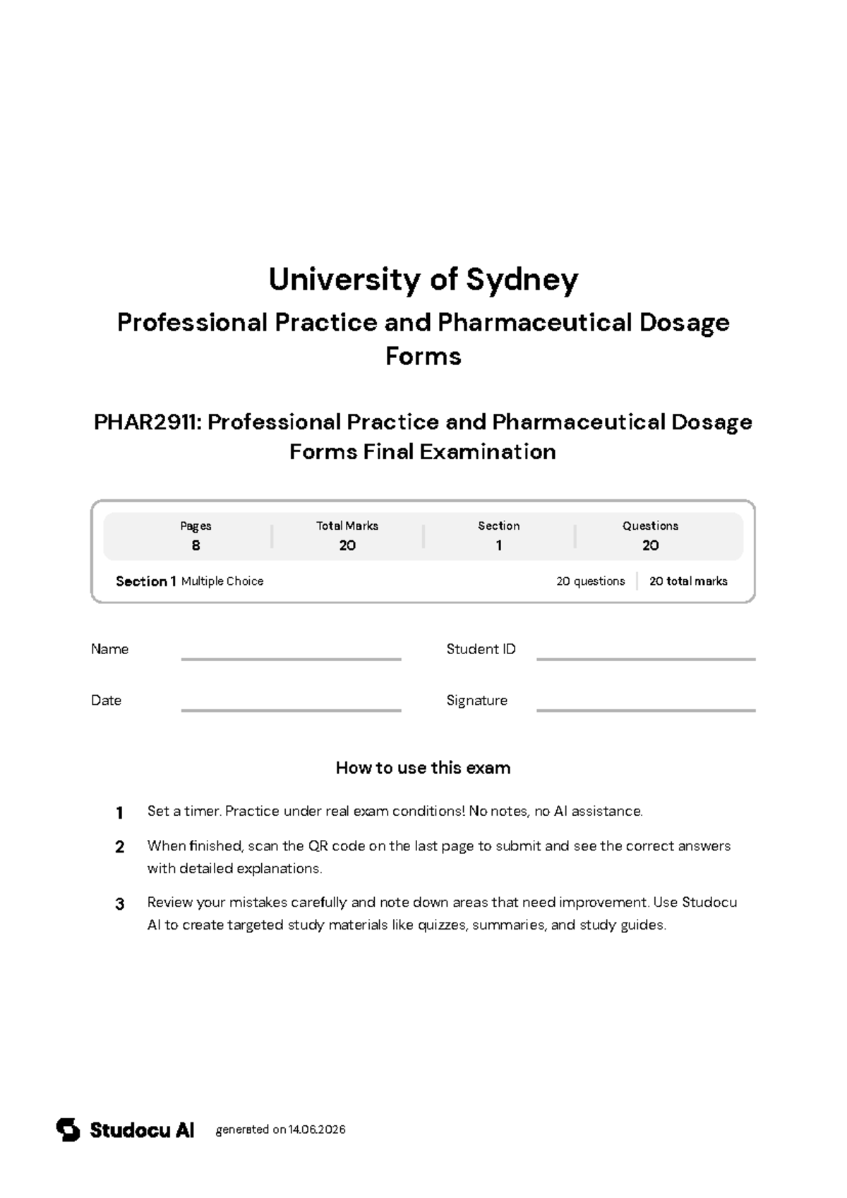 PHAR2911 Final Exam: Professional Practice & Dosage Forms - Studocu