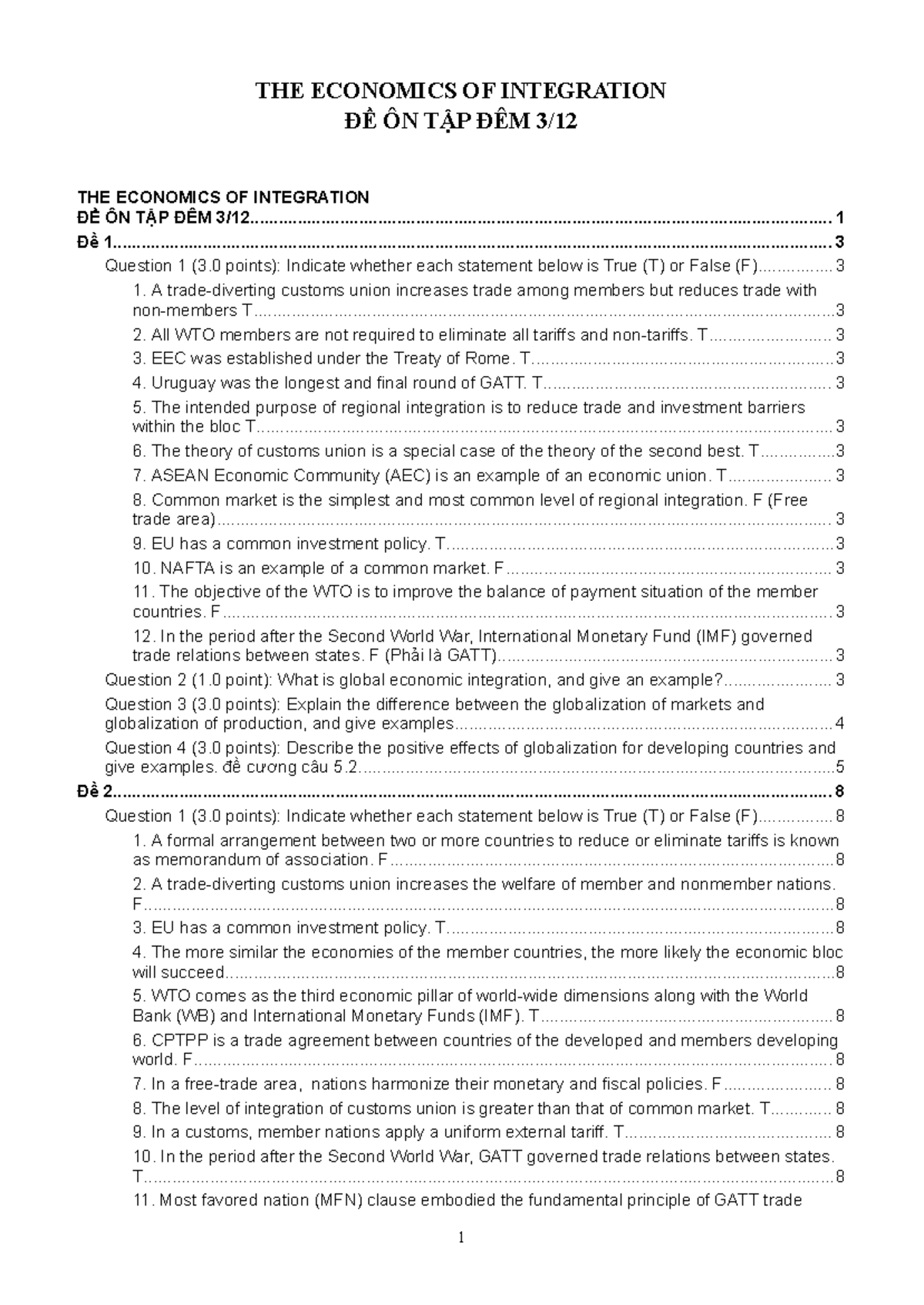 Hnktqt - ĐỀ TRG ĐÊM: Economics of Globalization and Trade Integration ...