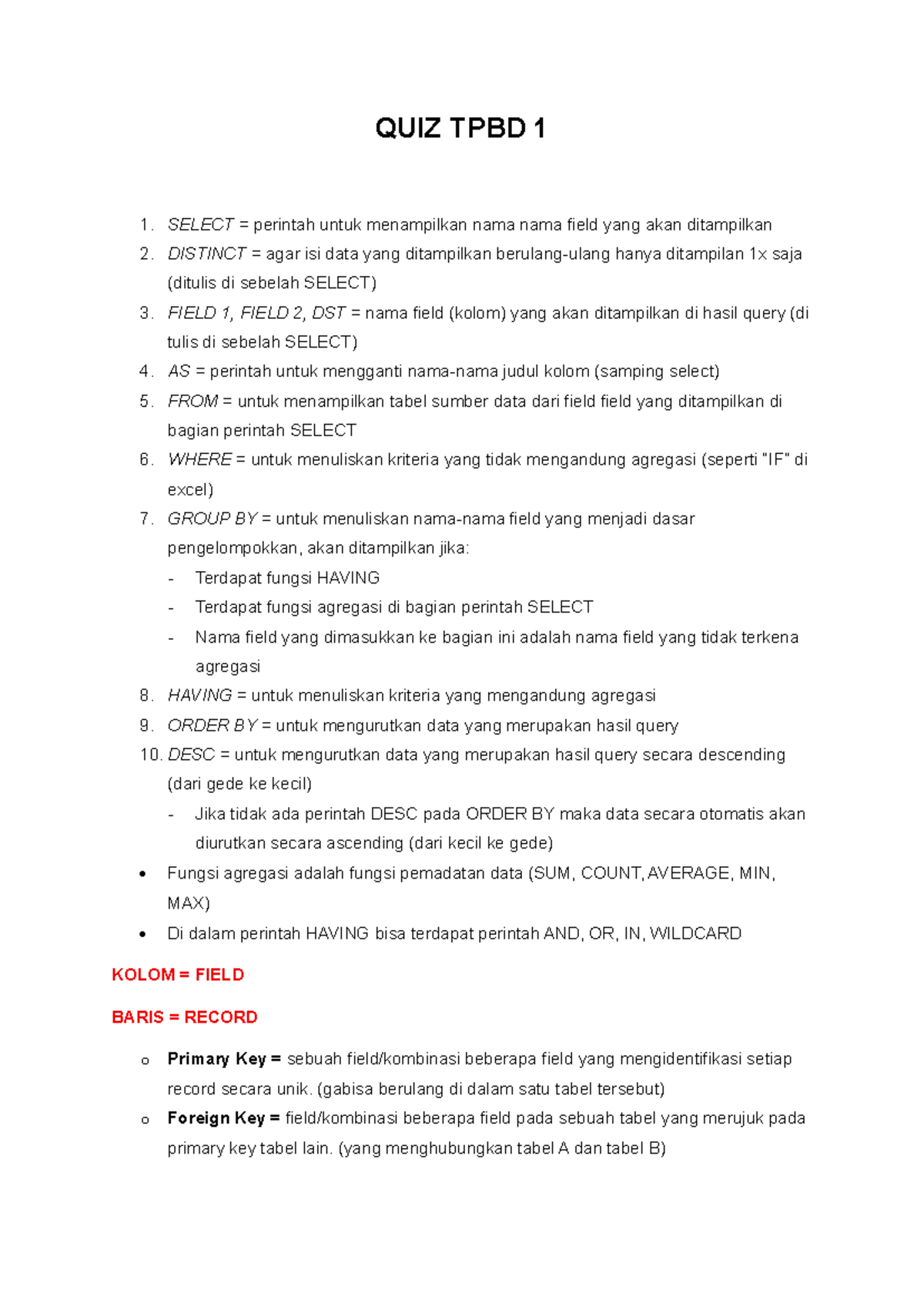QUIZ TPBD: Teknik Pengolahan Basis Data dan Perintah SQL - Studocu