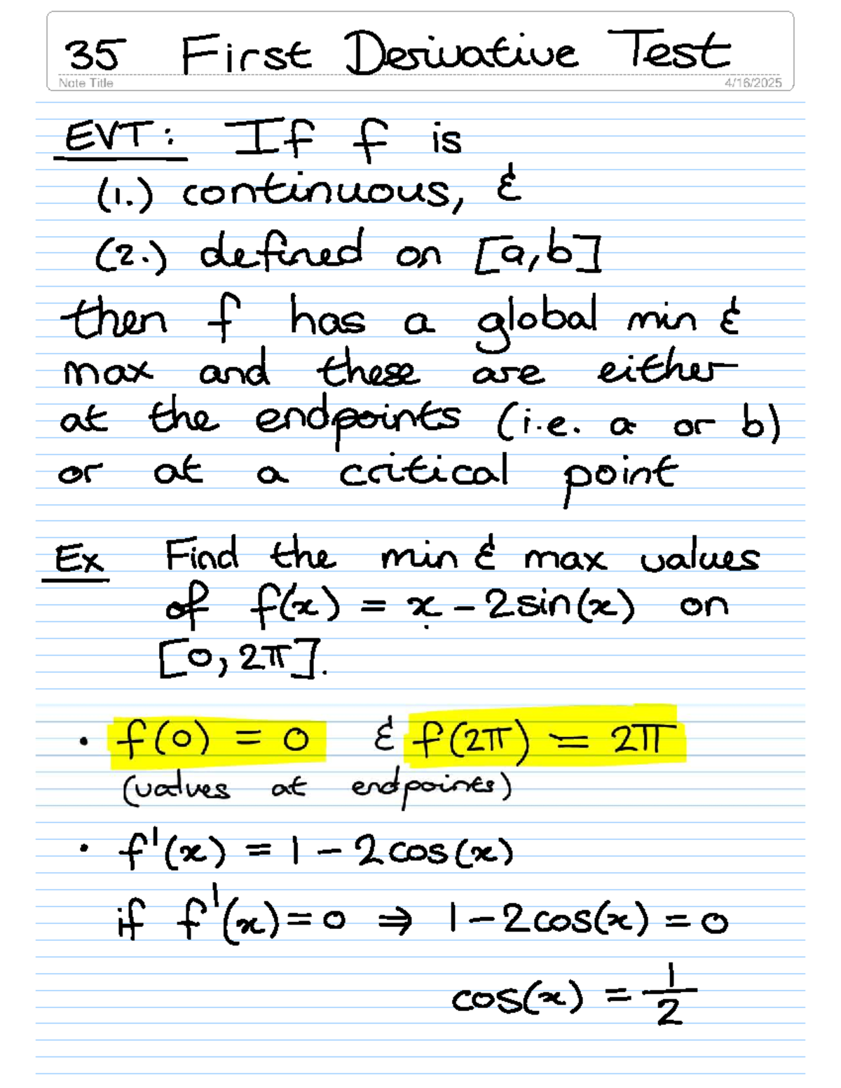 35 First Derivative Test Notes for EVT in Calculus (MATH 211) - Studocu
