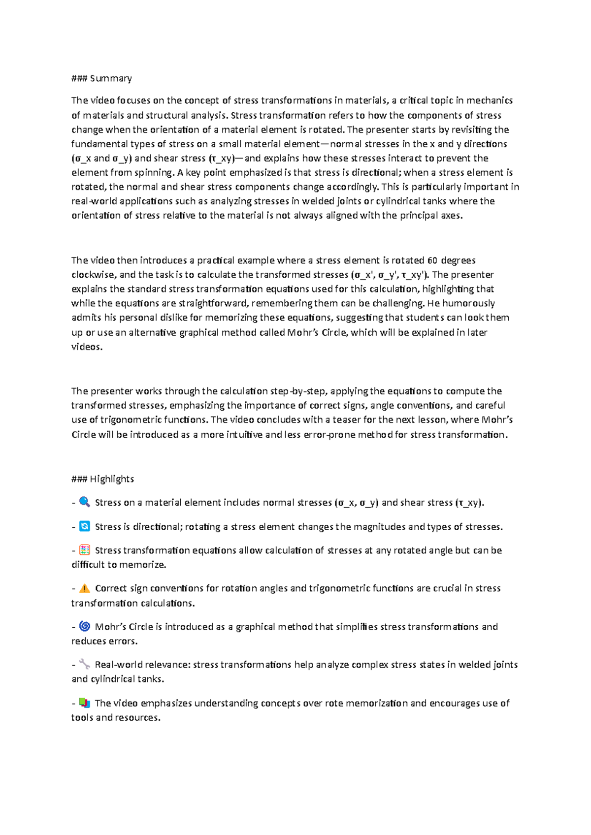 Strength of Materials: Stress Transformations & Circle Method Summary - Studocu