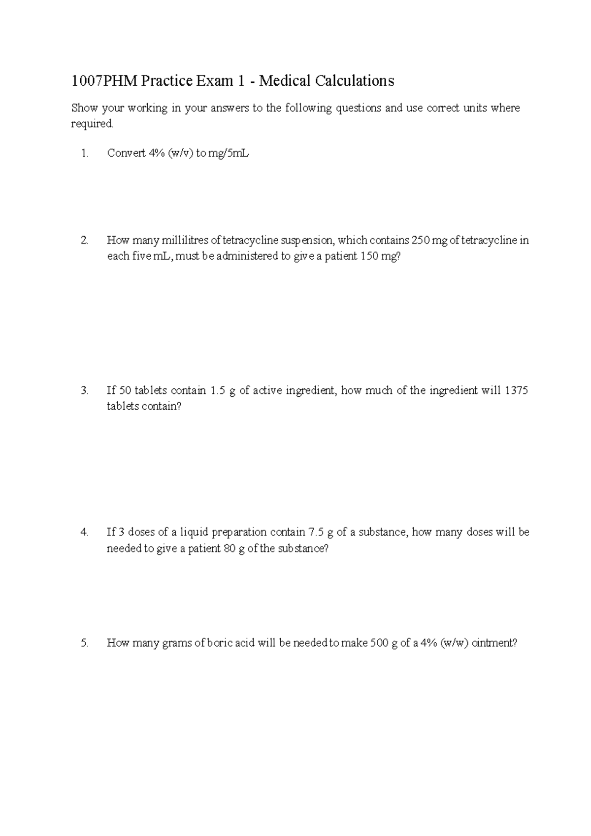 1007PHM Practice Exam 1: Medical Calculations Review - Studocu