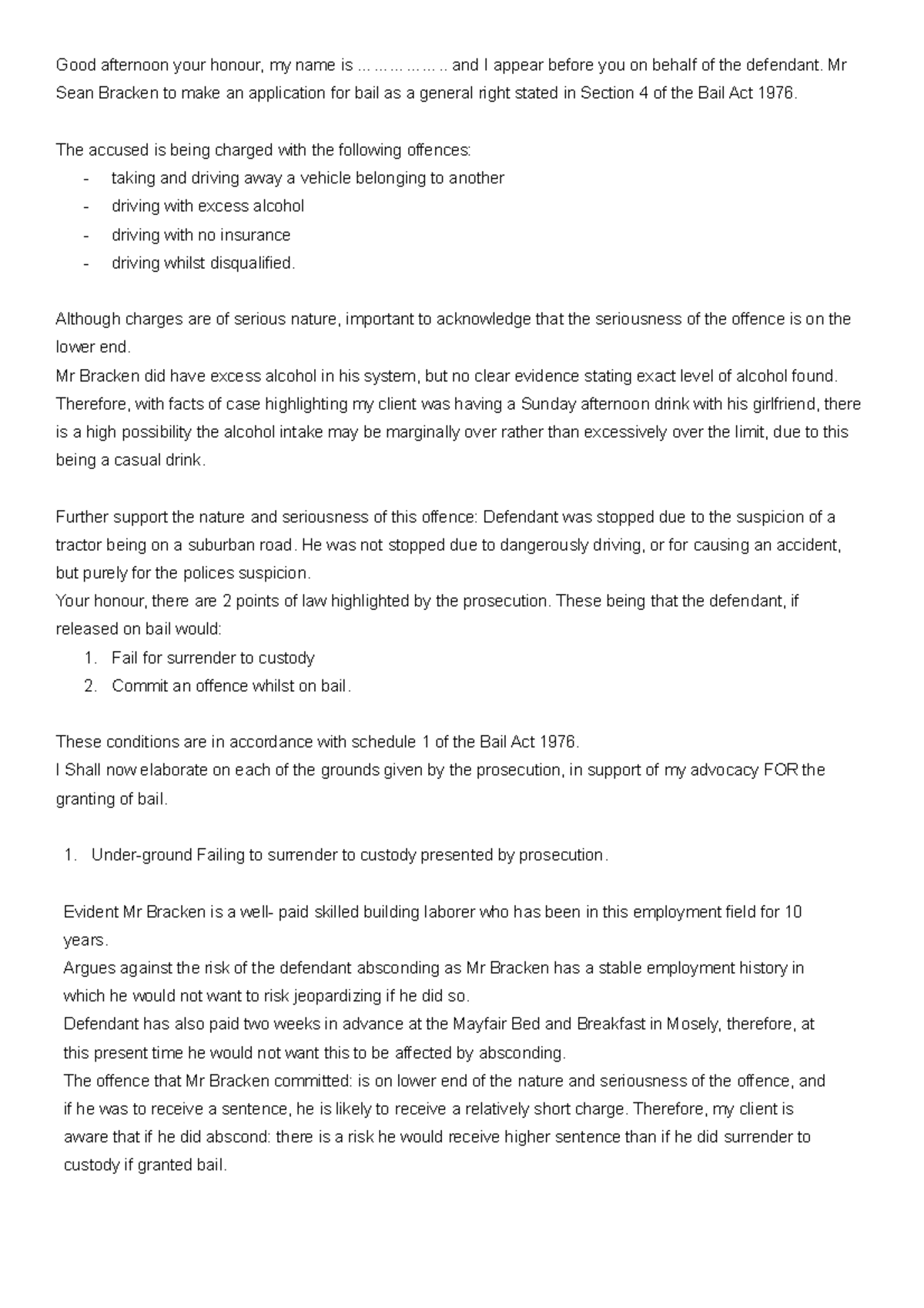 Bail Application Script for Mr. Sean Bracken: Defense Advocacy - Studocu