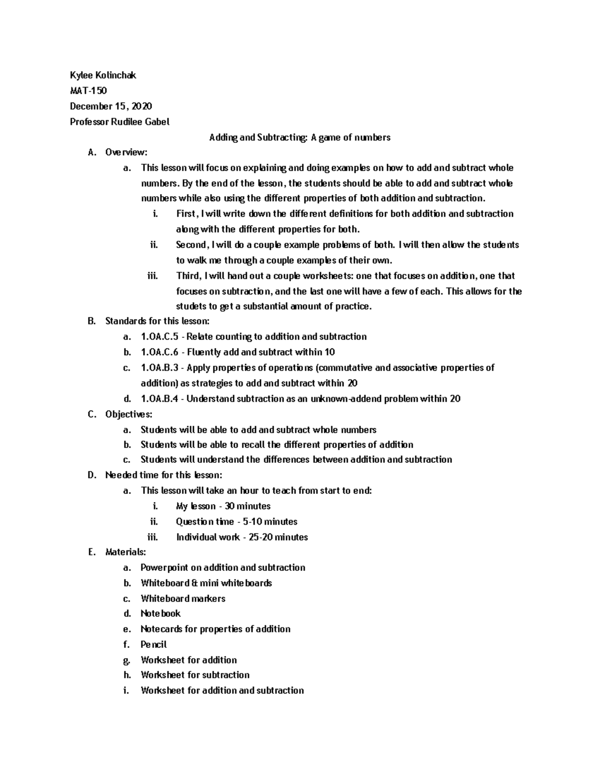 Final Lesson Plan for MAT-150: Adding and Subtracting Whole Numbers ...