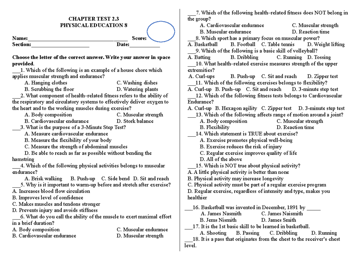 Chapter TEST 2.3 PE - Physical Education 8 Exam Review - Studocu