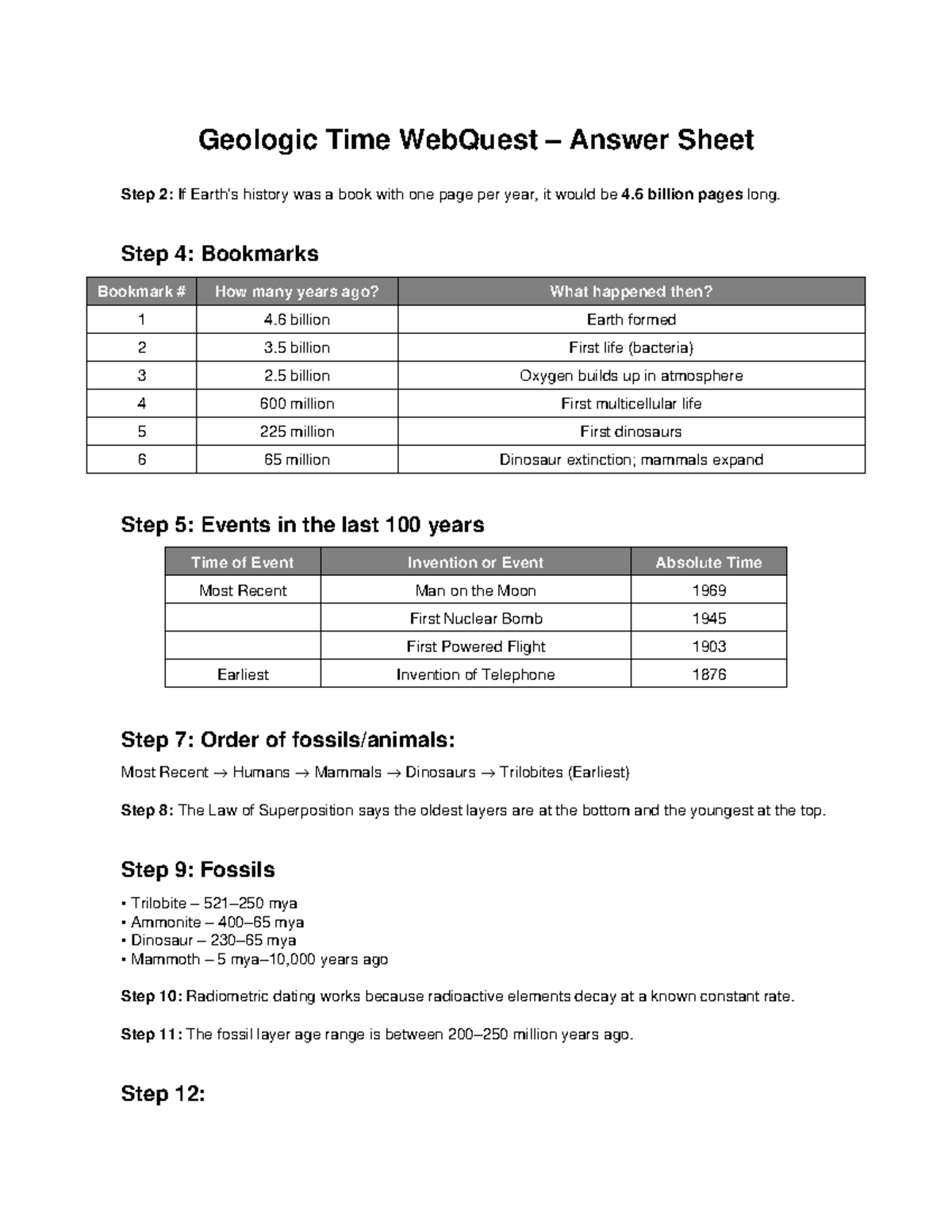 Geologic Time WebQuest Answer Sheet: Key Events & Concepts - Studocu