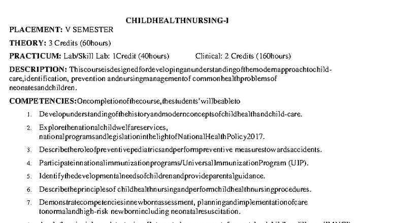 Child Health Nursing-I - CHILDHEALTHNURSING-I PLACEMENT: V SEMESTER ...