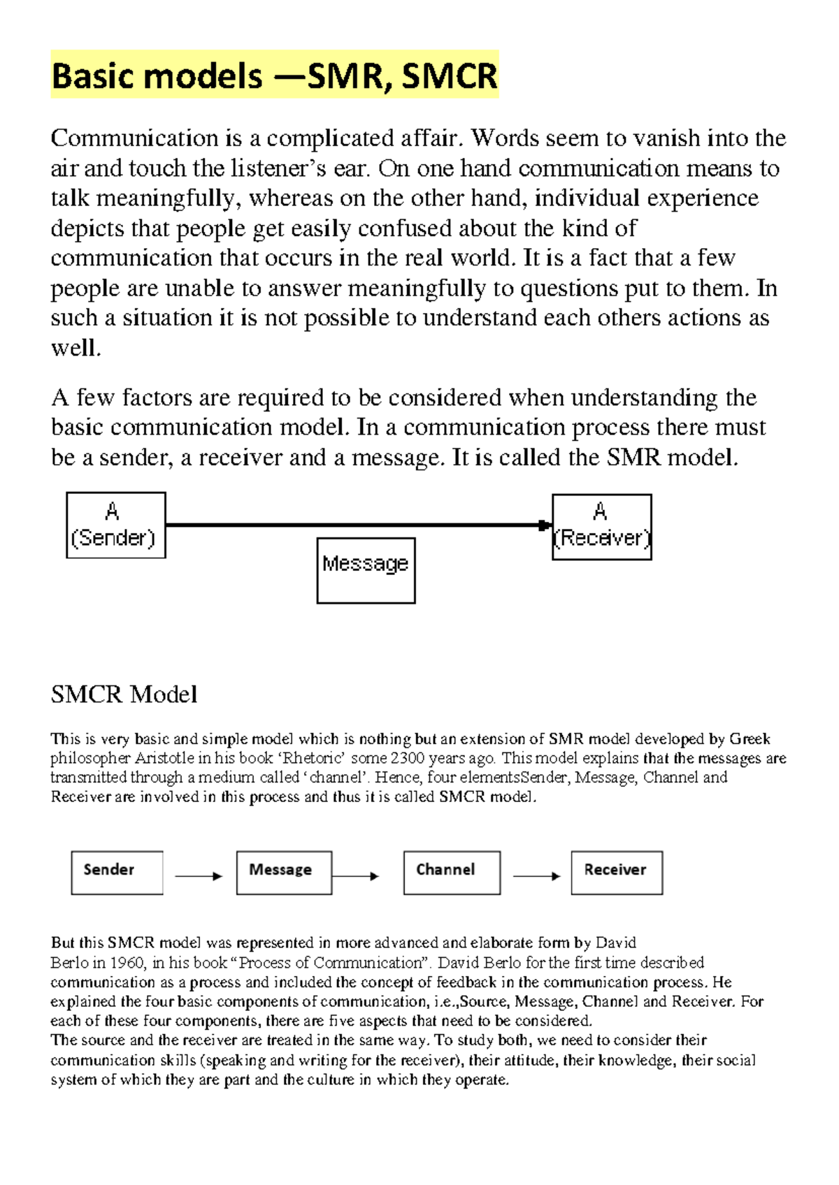 Understanding Basic Communication Models: SMR, SMCR & More - Studocu
