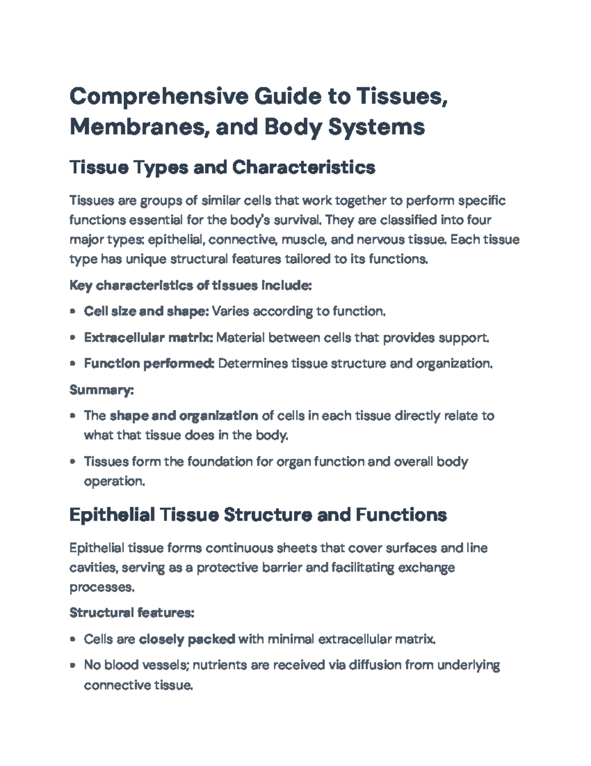 Comprehensive Overview of Tissues, Membranes & Body Systems (BIO 101 ...