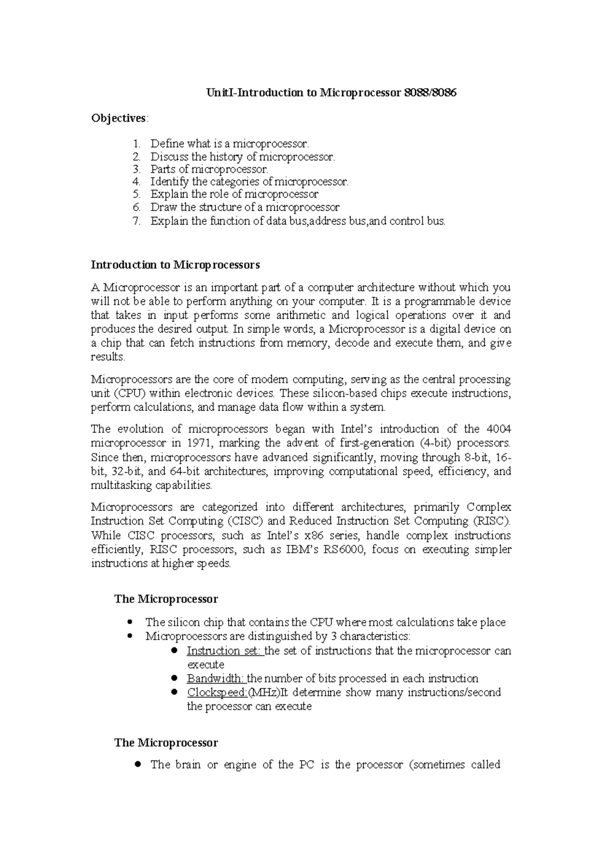 Introduction-TO- Microprocessor-Group-1 - UnitI-Introduction to Microprocessor 8088/ Objectives ...