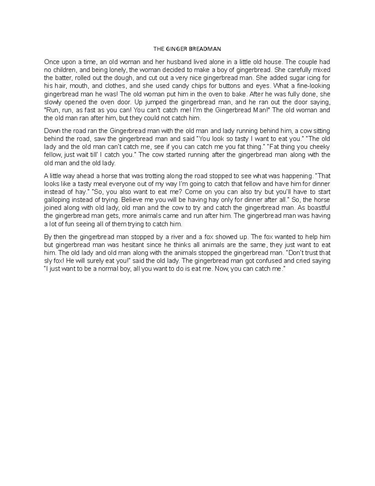 Summary of "The Gingerbread Man" Story - Studocu