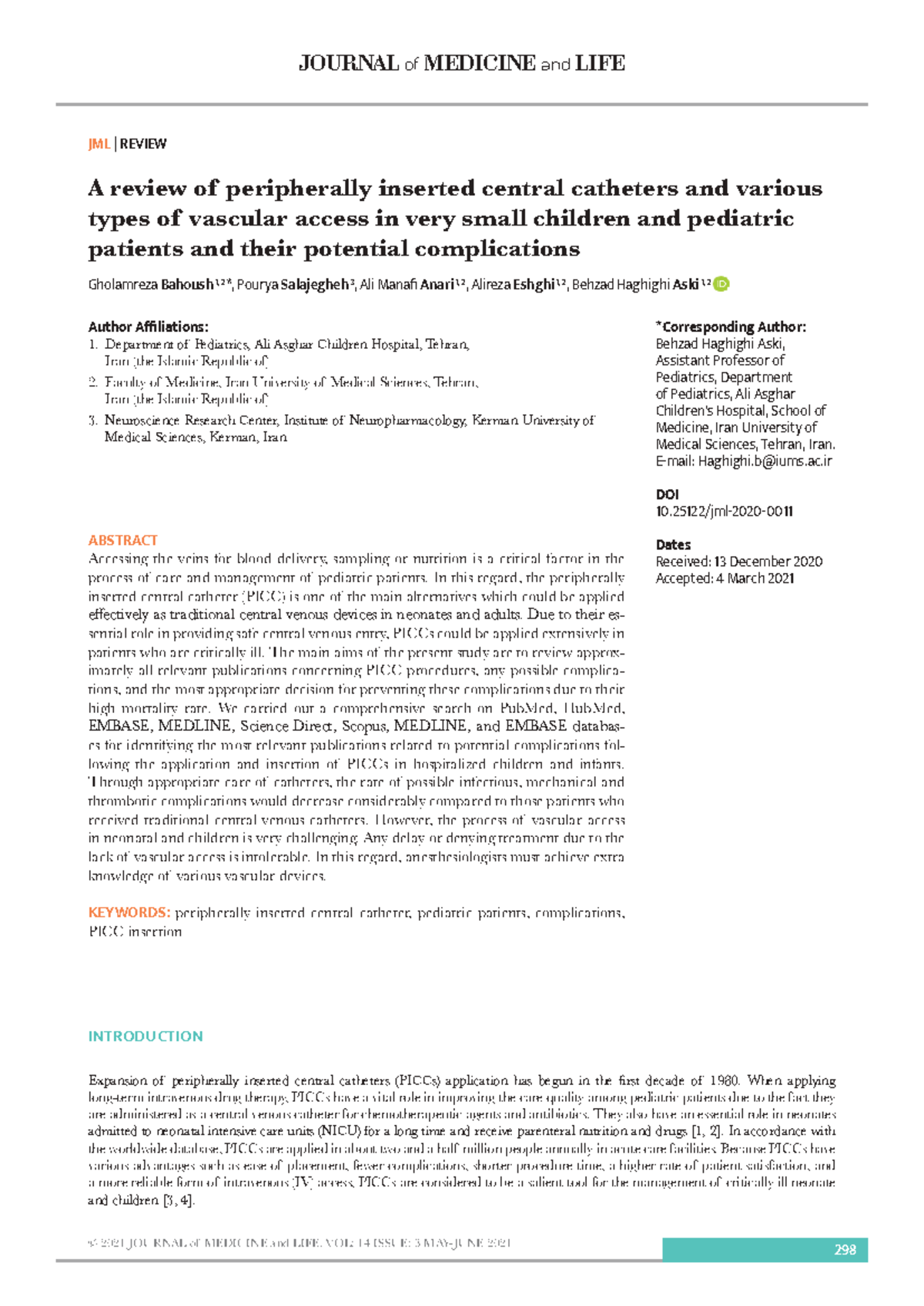 JML 2021: Review of PICC and Vascular Access in Pediatric Patients ...