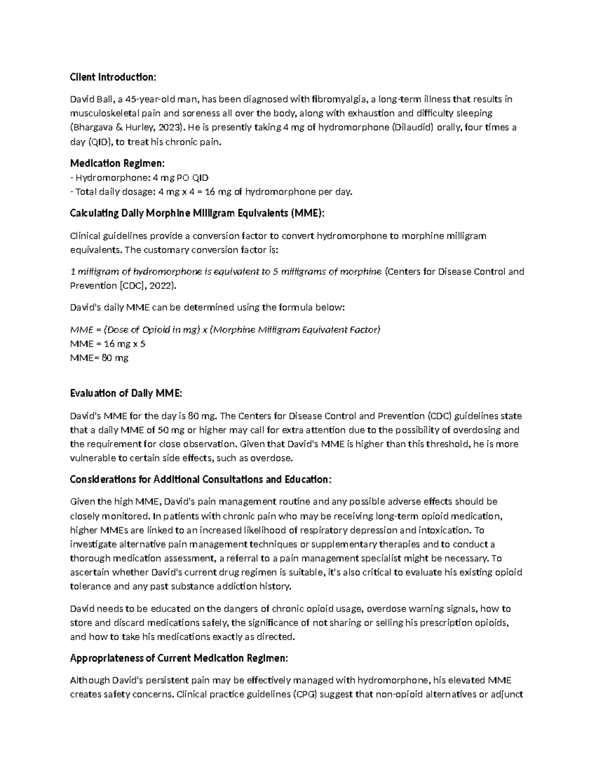 NR565 Week 3: Client Case Study on Opioid Management for David Ball ...