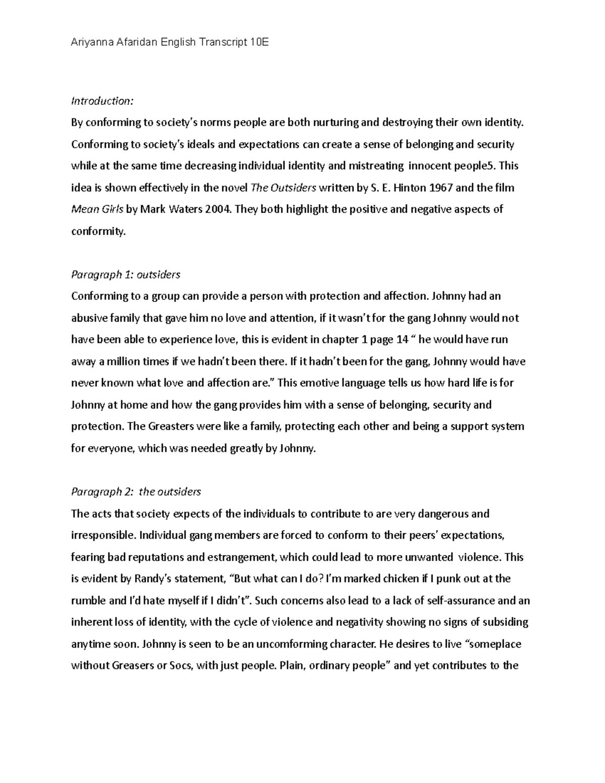 Comparative Study of Conformity in The Outsiders & Mean Girls (Eng 10E ...