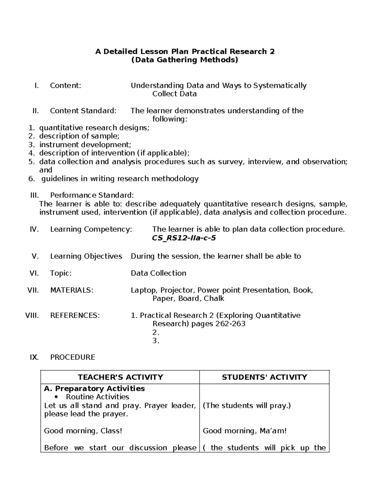 Detailed Lesson Plan: Data Collection Methods (CS_RS12-IIa-c) - Studocu