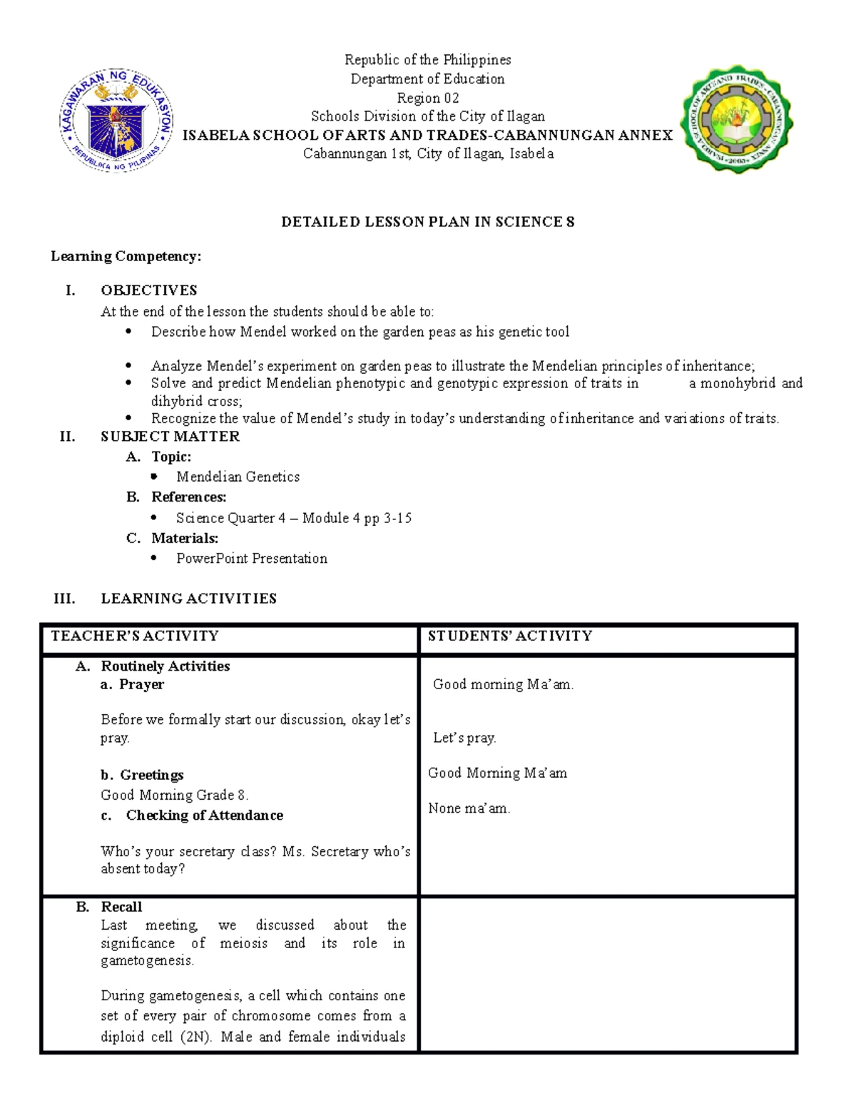 Detailed Lesson PLAN ( Mendelian Genetics) - Republic of the ...