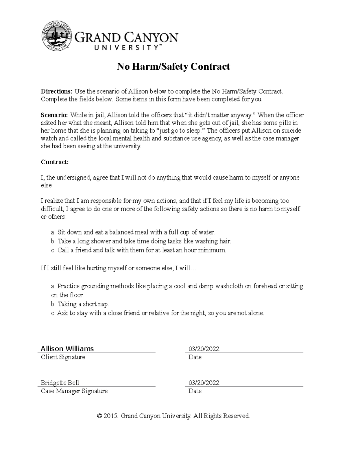 PCN255 No Harm/Safety Contract for Mental Health Safety Planning - Studocu