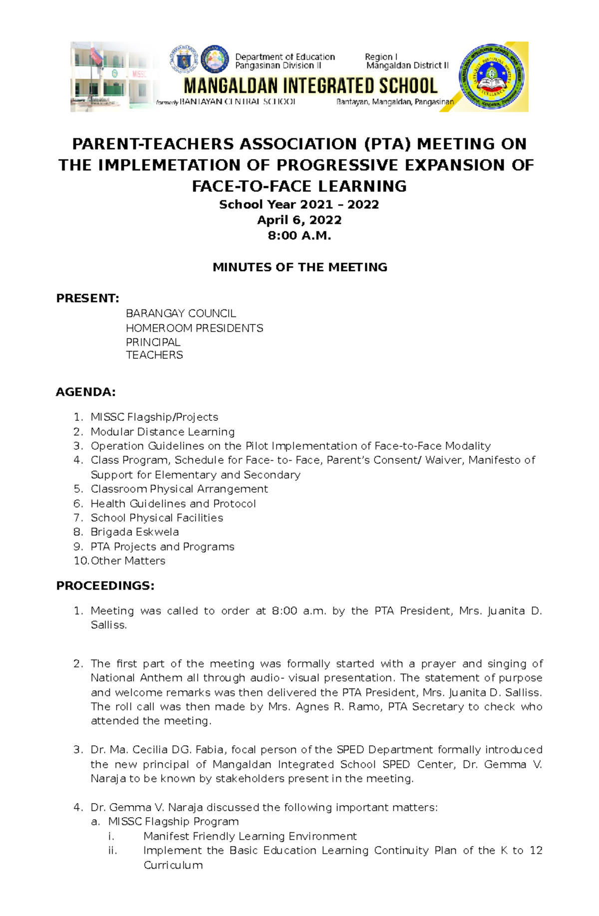 PTA Minutes of the Meeting 2022 - PARENT-TEACHERS ASSOCIATION (PTA ...