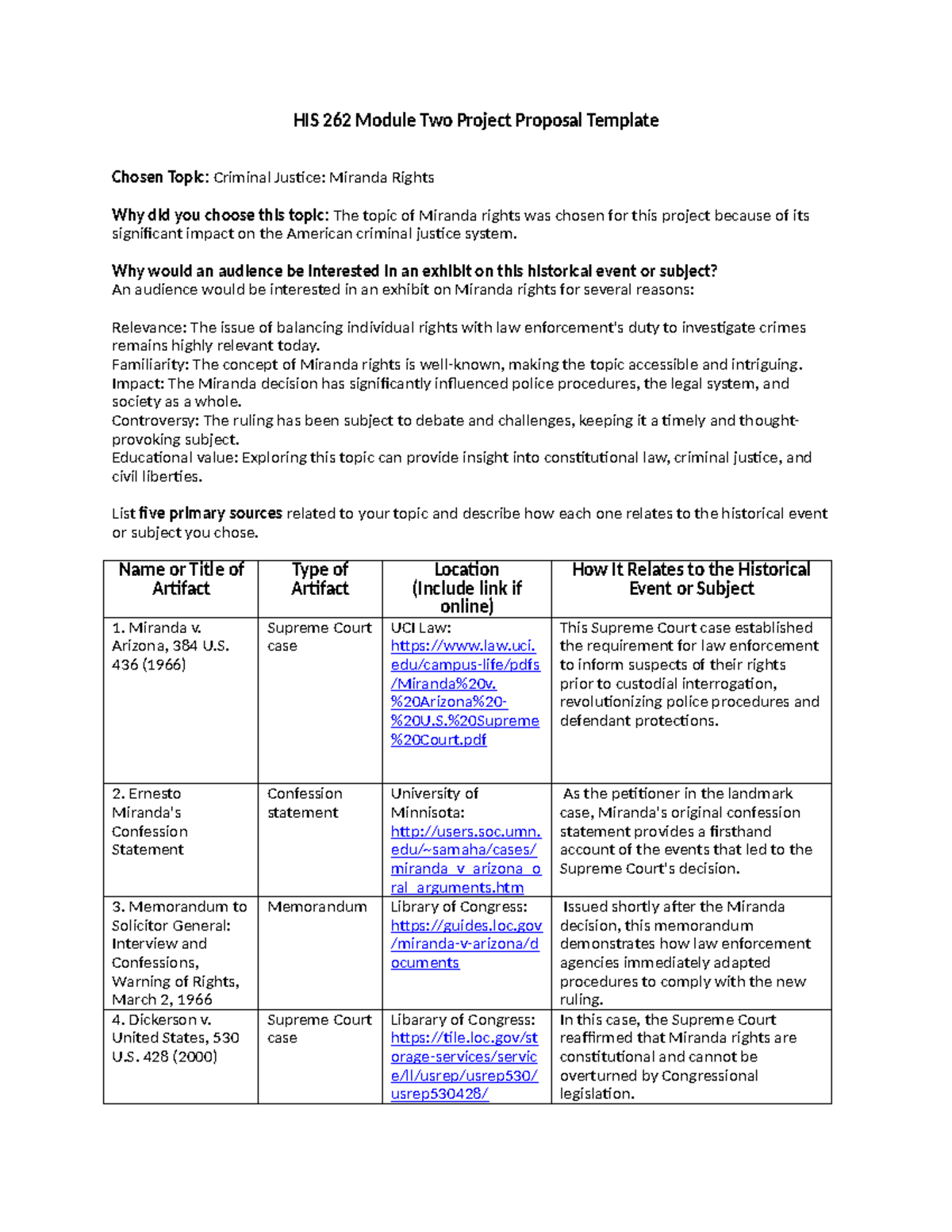 HIS 262 Module Two Project Proposal: Exploring Miranda Rights - Studocu