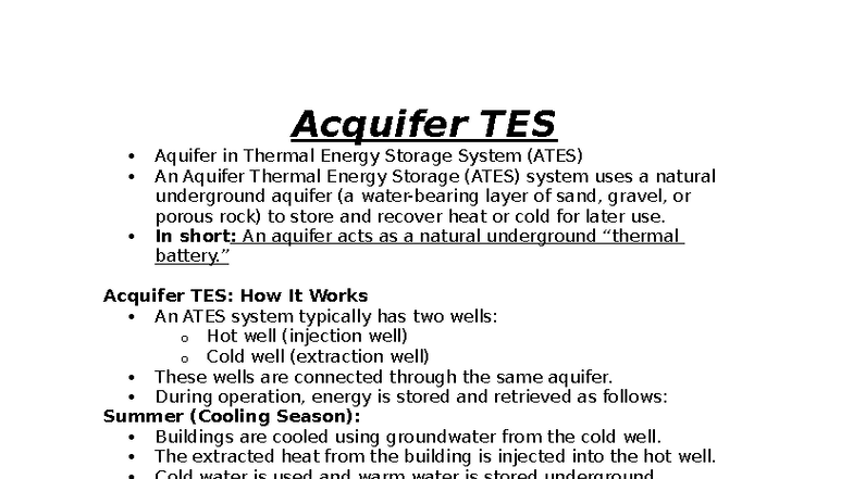 ATES: Understanding Aquifer Thermal Energy Storage Systems - Studocu