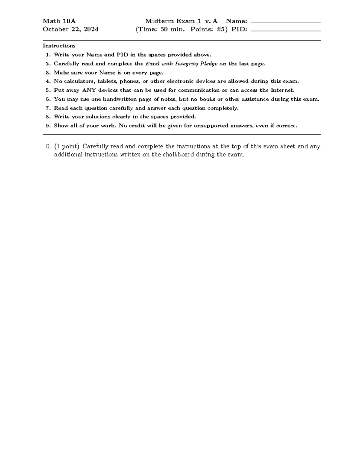 Math 10A Midterm Exam 1 v. A - Studocu