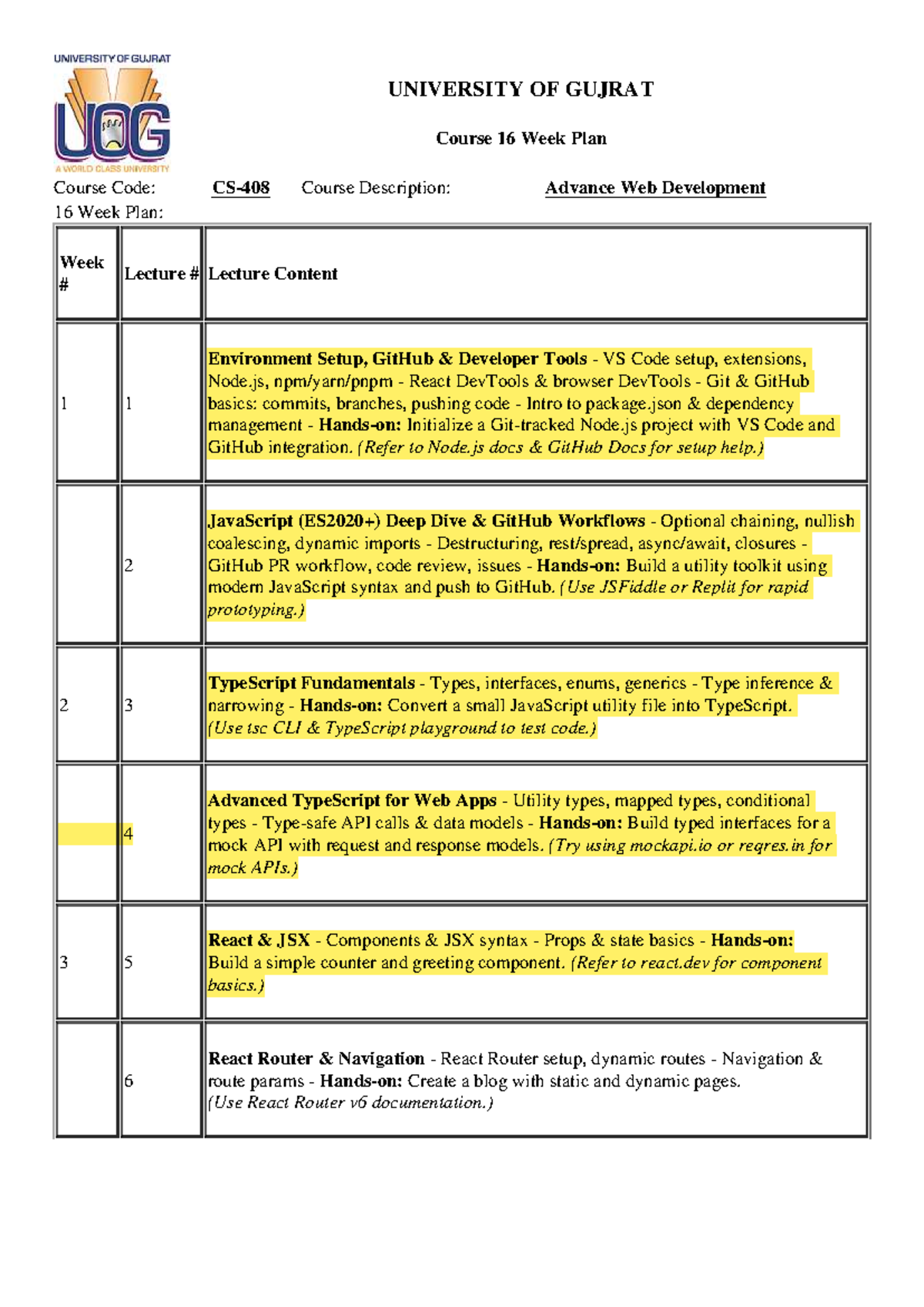 CS-408 Advanced Web Development 16 Week Lecture Plan - Studocu