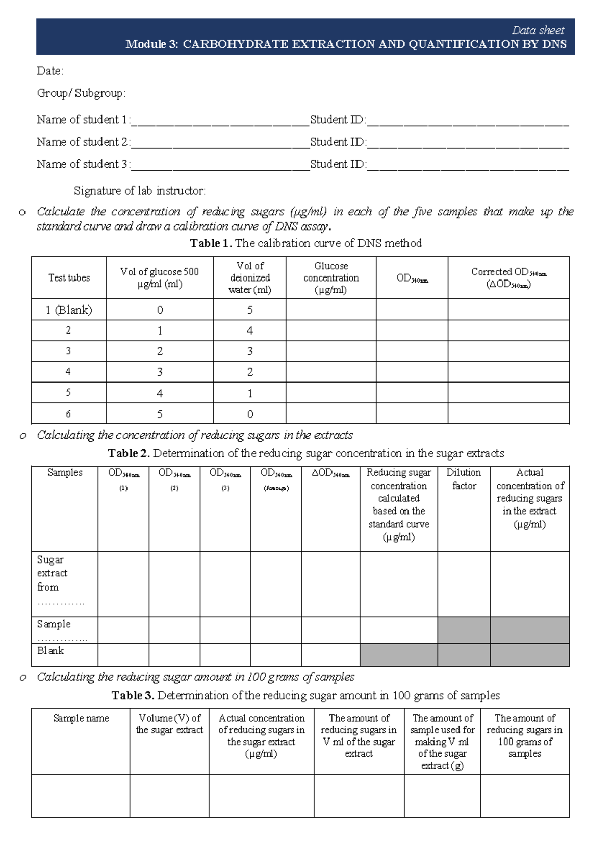 Module 3: Carbohydrate Extraction & Quantification - DNS Data Sheet ...
