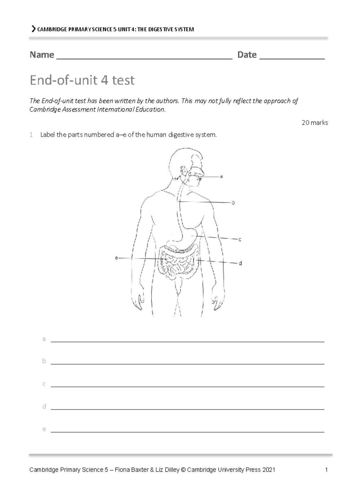 CAMBRIDGE PRIMARY SCIENCE 5 UNIT 4 TEST: DIGESTIVE SYSTEM - Studocu