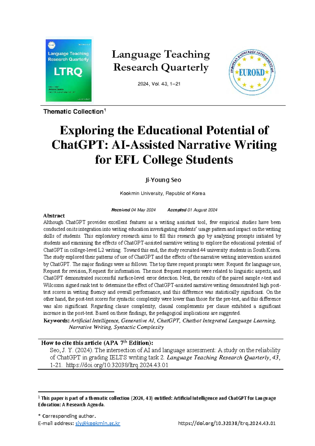 Exploring ChatGPT's Impact on EFL Narrative Writing: A Study (LTRQ 2024 ...