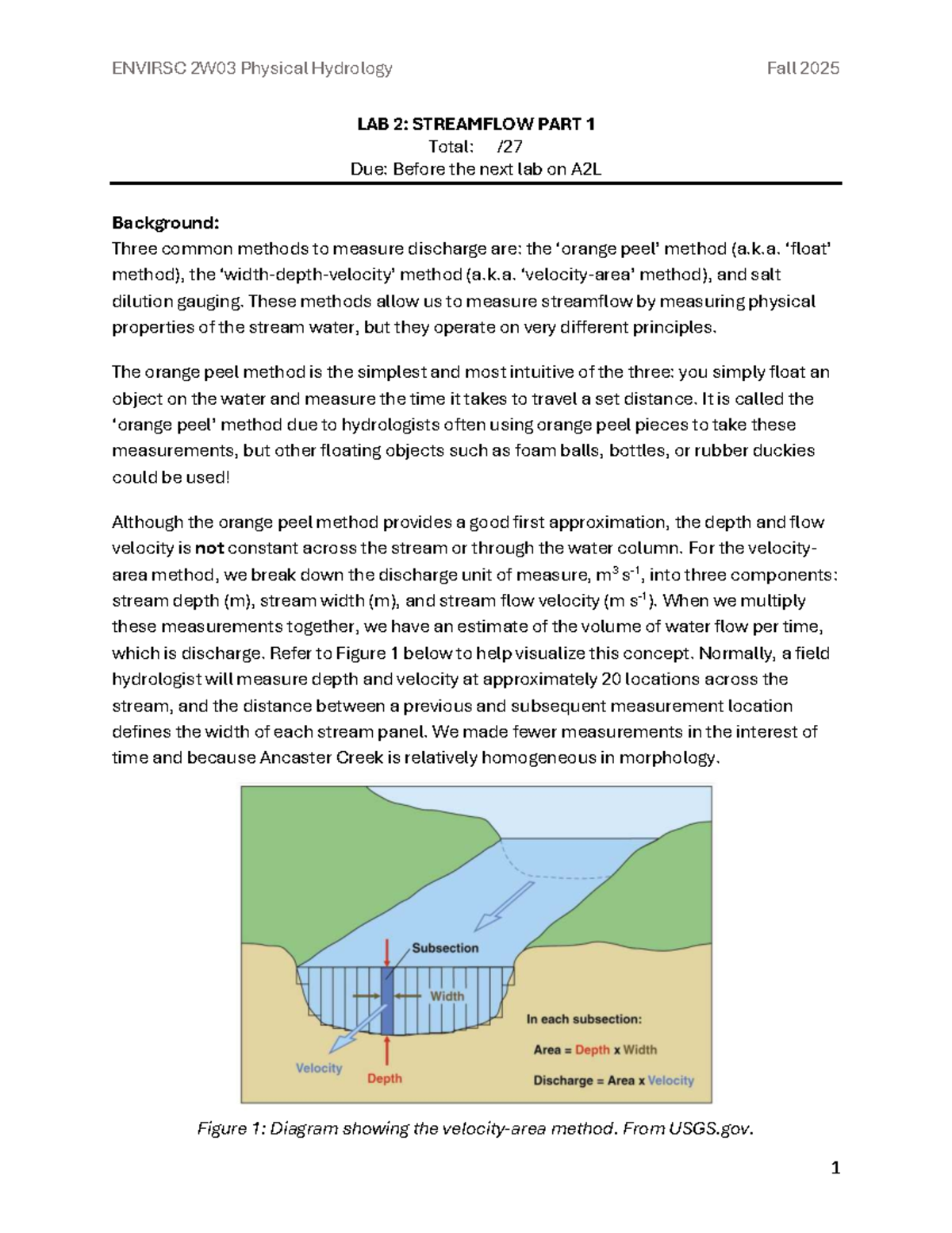 ENVIRSC 2W03 Physical Hydrology Fall 2025 Lab 2: Streamflow Measurement ...