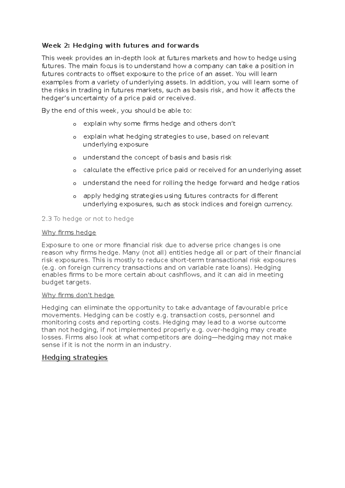 Week 2: Futures & Forwards Hedging Strategies and Risks Analysis - Studocu
