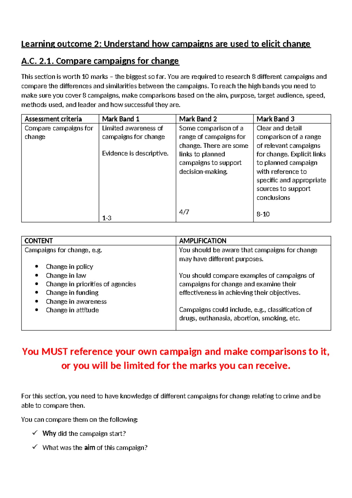 AC2.1 Comparing Campaigns for Change: A Comprehensive Worksheet - Studocu