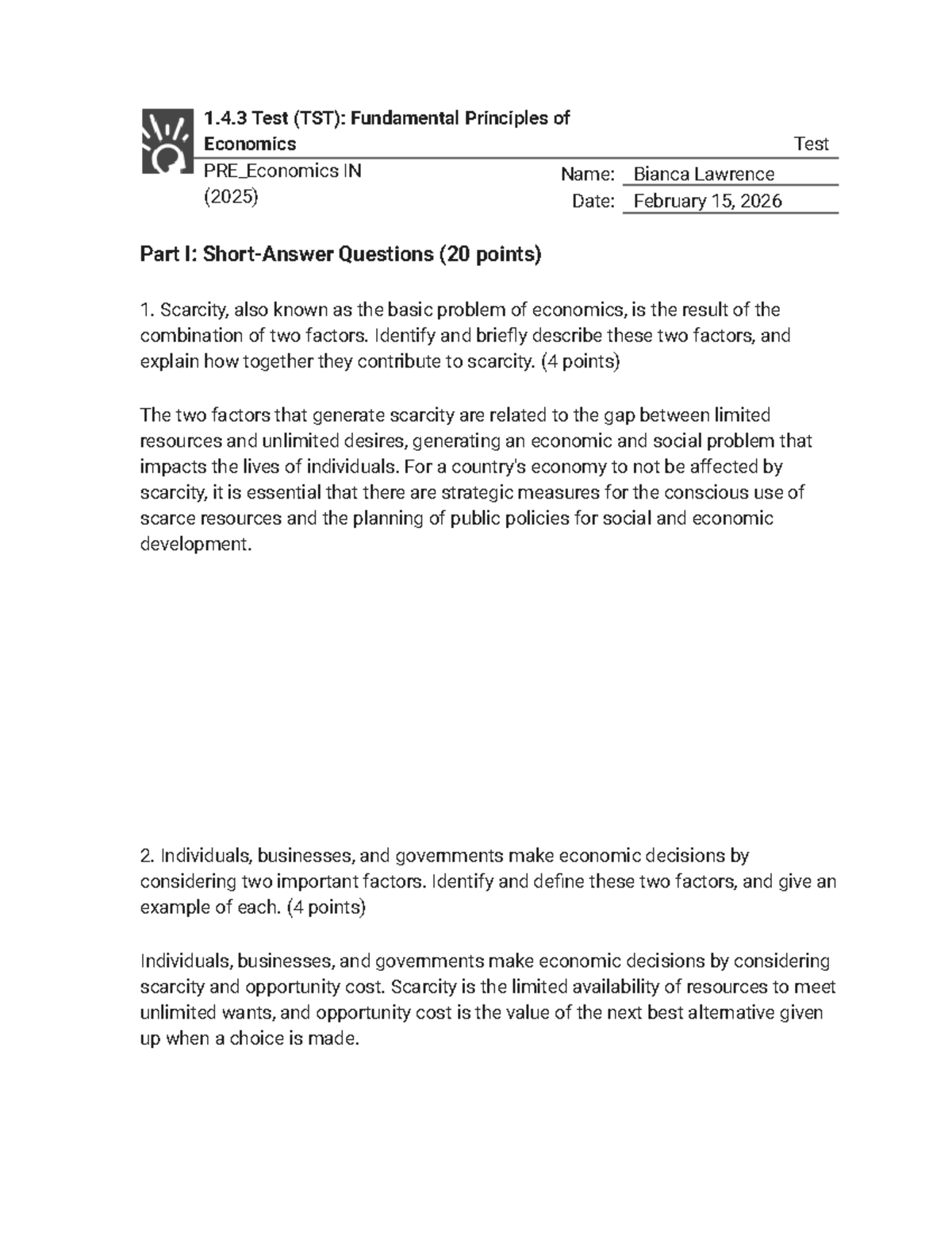 1.4.3 TST: Fundamental Principles of Economics Test Review - Studocu