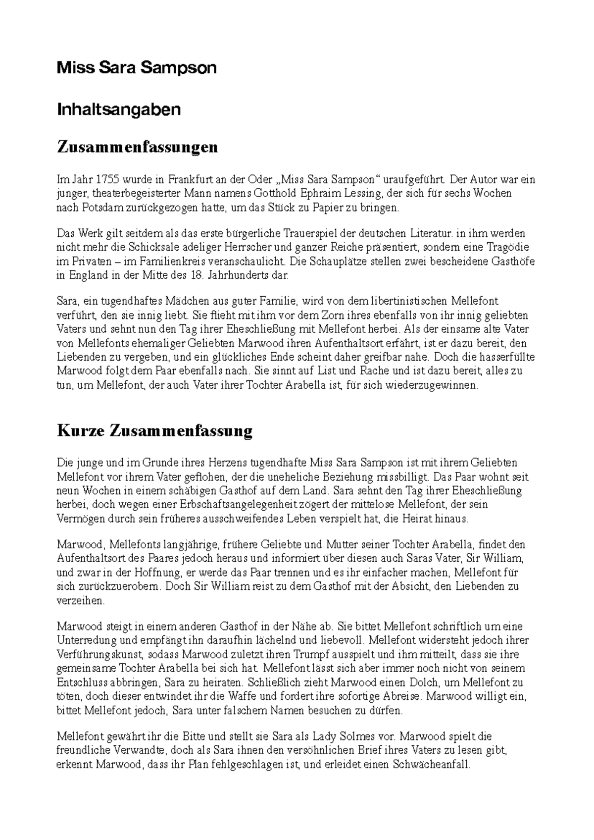 Miss Sara Sampson Inhaltsangabe - Miss Sara Sampson Inhaltsangaben ...