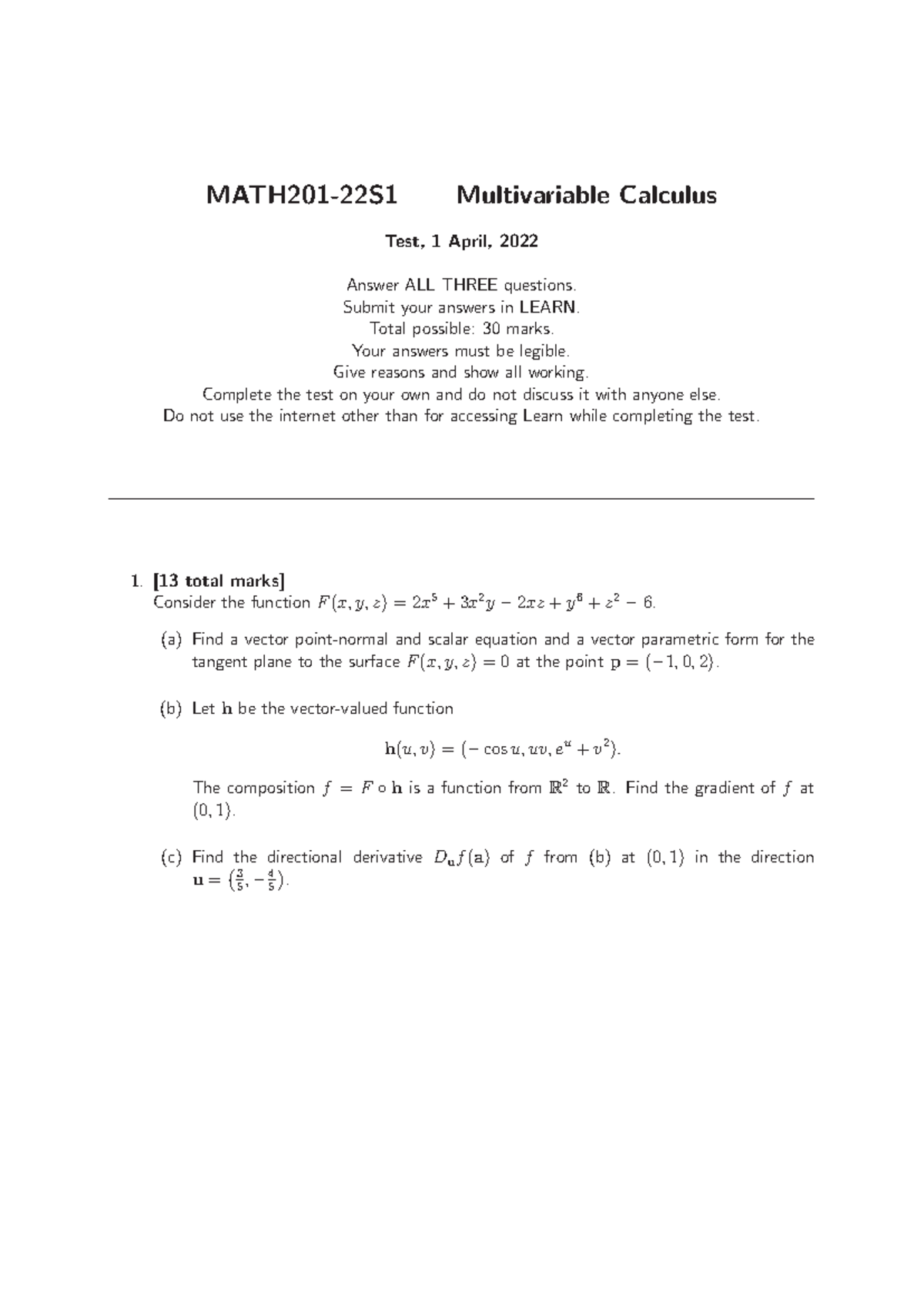 MATH201 Multivariable Calculus Test - Answers & Solutions 2022 - Studocu