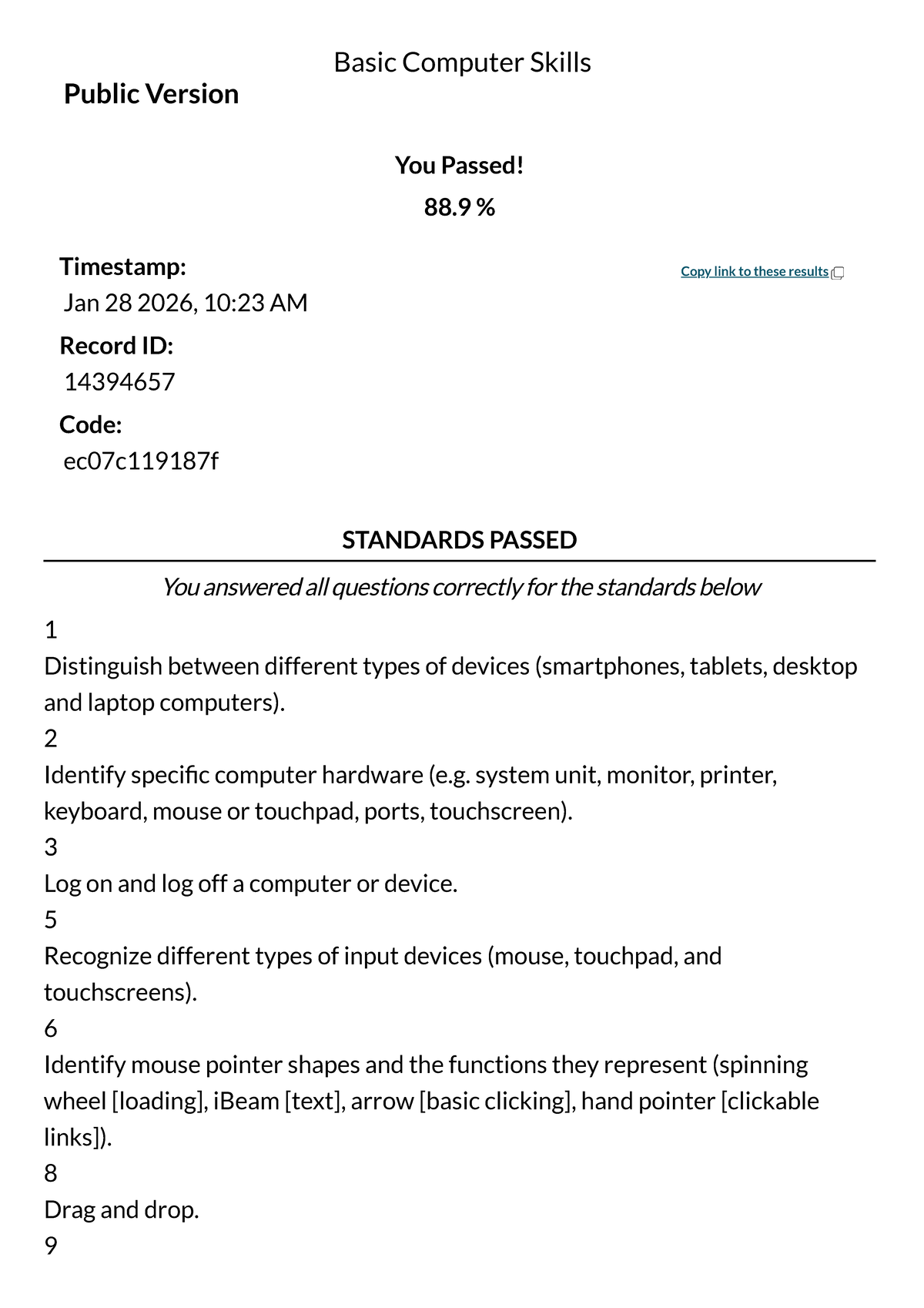 Basic Computer Skills Assessment Results - Passed with 88.9% - Studocu