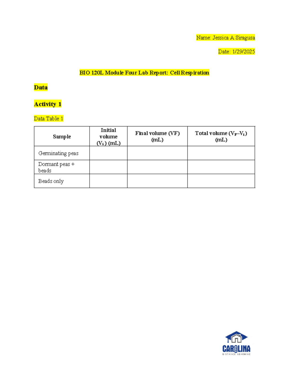 BIO 120L M4 Lab Report: Cellular Respiration in Germinating Peas - Studocu