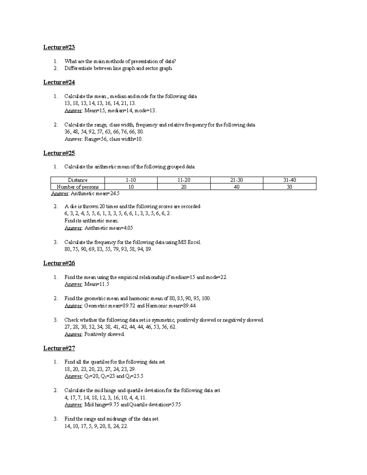 Practice Questions for Data Presentation & Statistics (Lecture 23-30 ...
