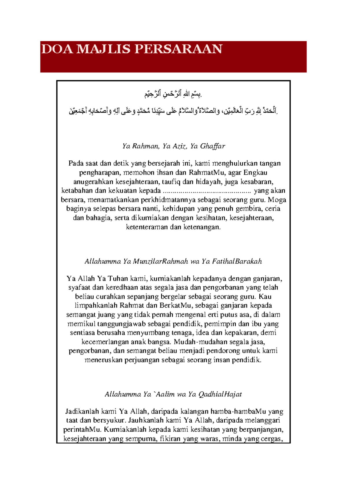 DOA Majlis Persaraan - Doa Untuk Guru Yang Bersara - Studocu
