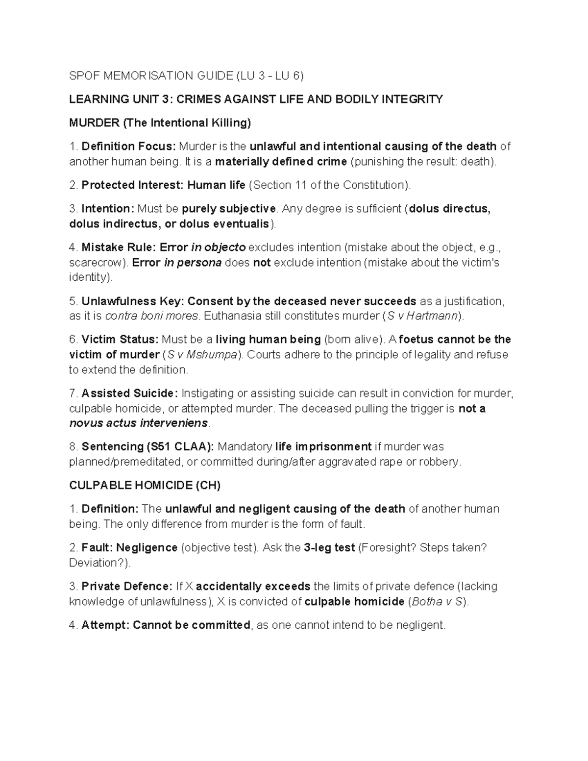 SPOF Memorisation Guide (LU 3 - LU 6): Crimes Against Life, Dignity ...
