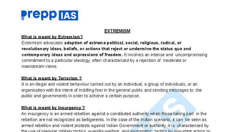 Extremism, Terrorism, and Insurgency: Insights for UPSC Exam - Studocu