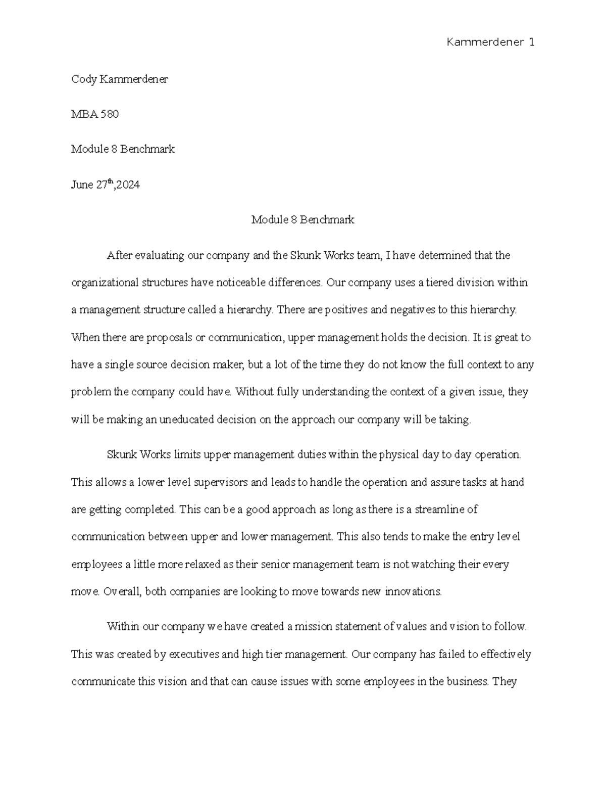 MBA 580 Module 8 Benchmark: Comparing Organizational Structures - Studocu