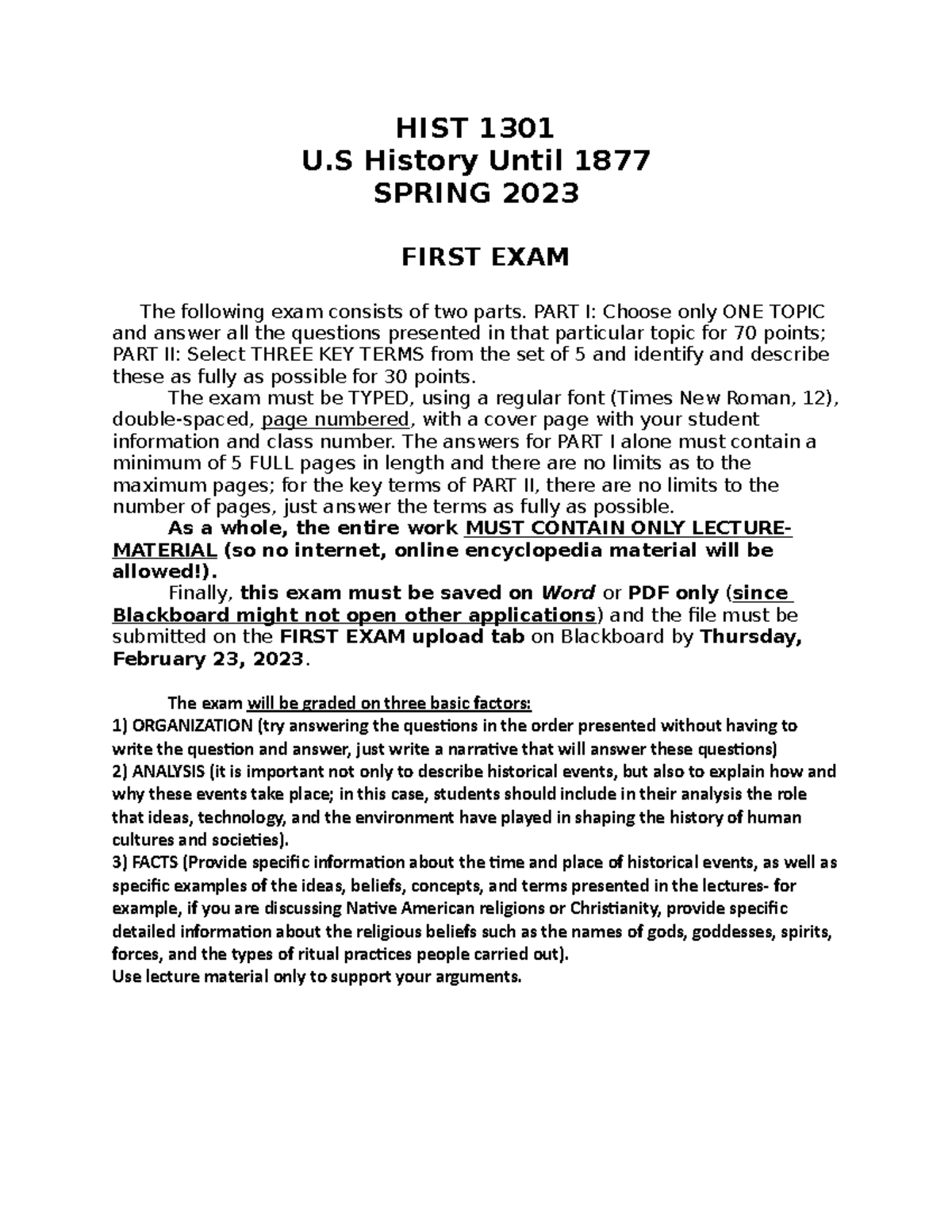 Hist 1301 First Exam Study Guide - U.S. History to 1877 (Spring 2023 ...