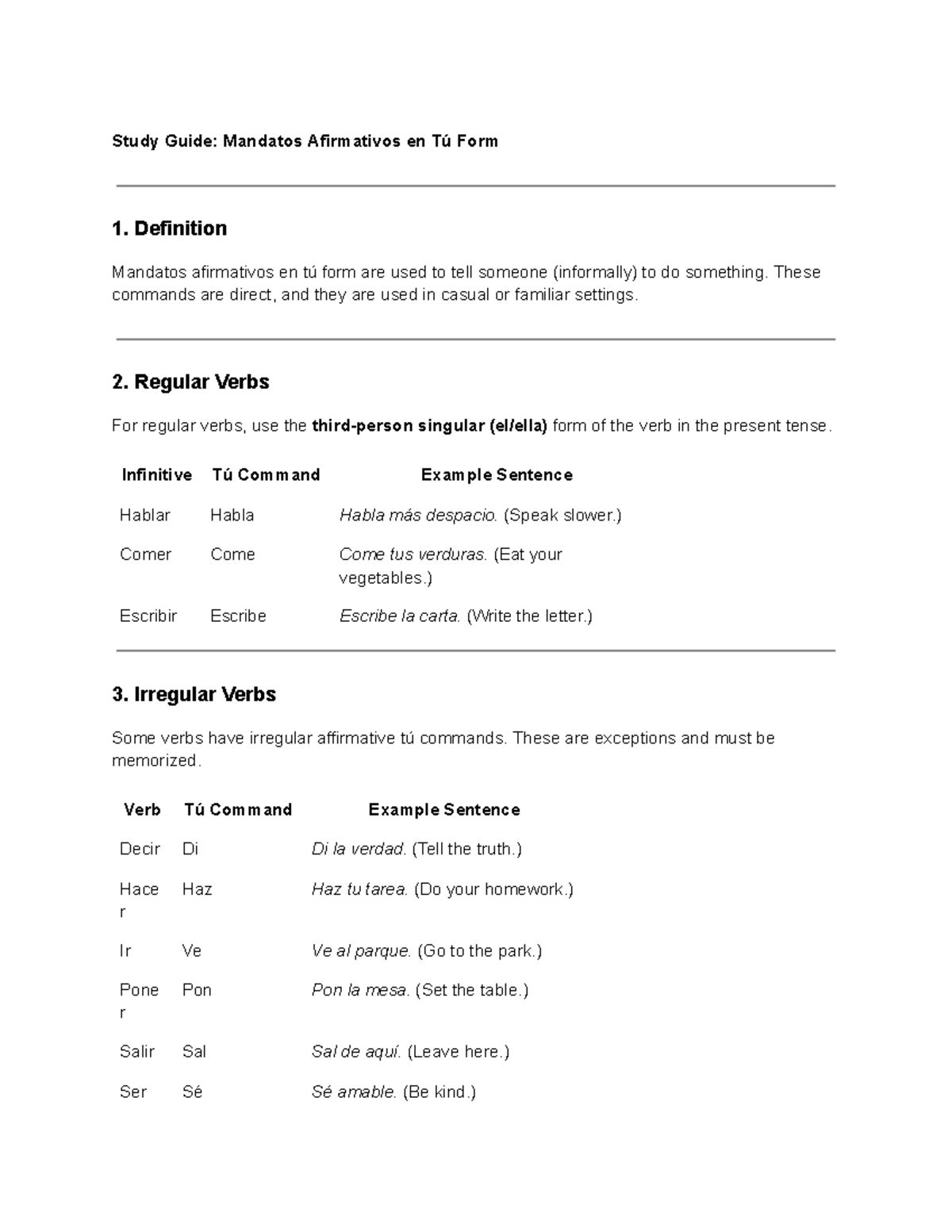Study Guide Mandatos Afirmativos en Tú Form - Definition Mandatos ...
