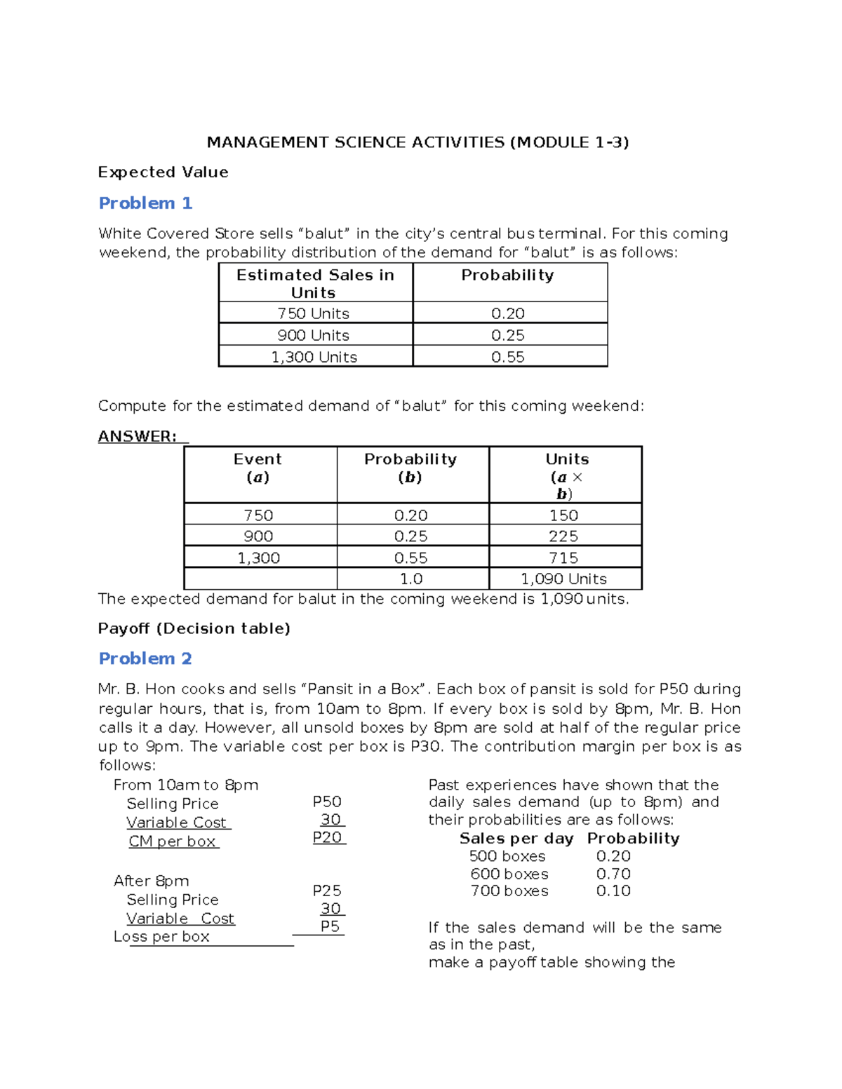 Management Science Problems & Solutions (MGS-1-3) - Studocu