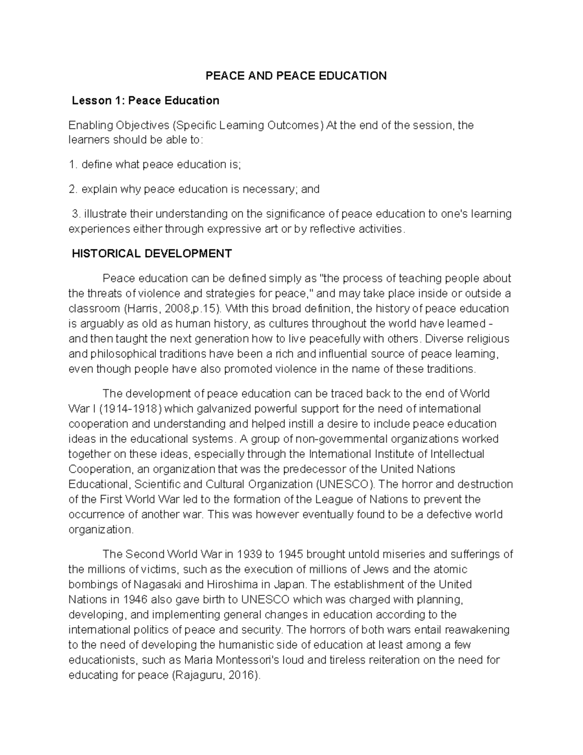 PEACE EDUCATION Lesson 1: Enabling Objectives and Historical Context ...