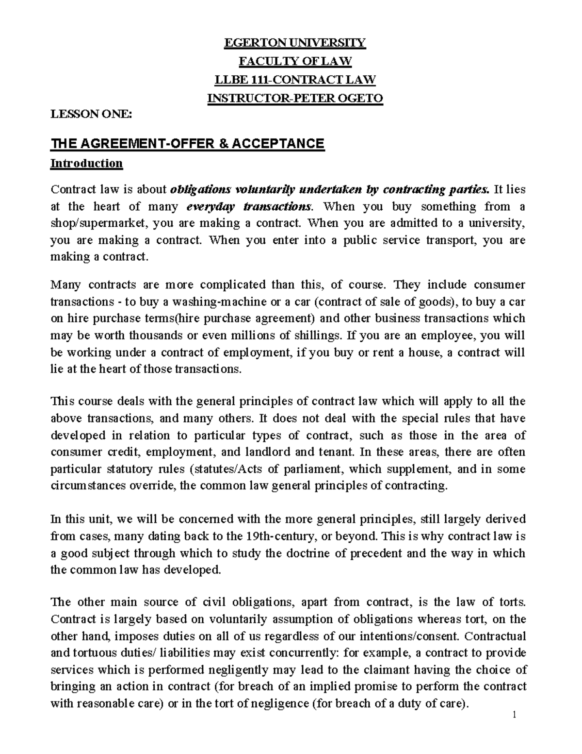 EGERTON UNIVERSITY LLBE LAW OGETO LESSON ONE: THE ACCEPTANCE - Studocu