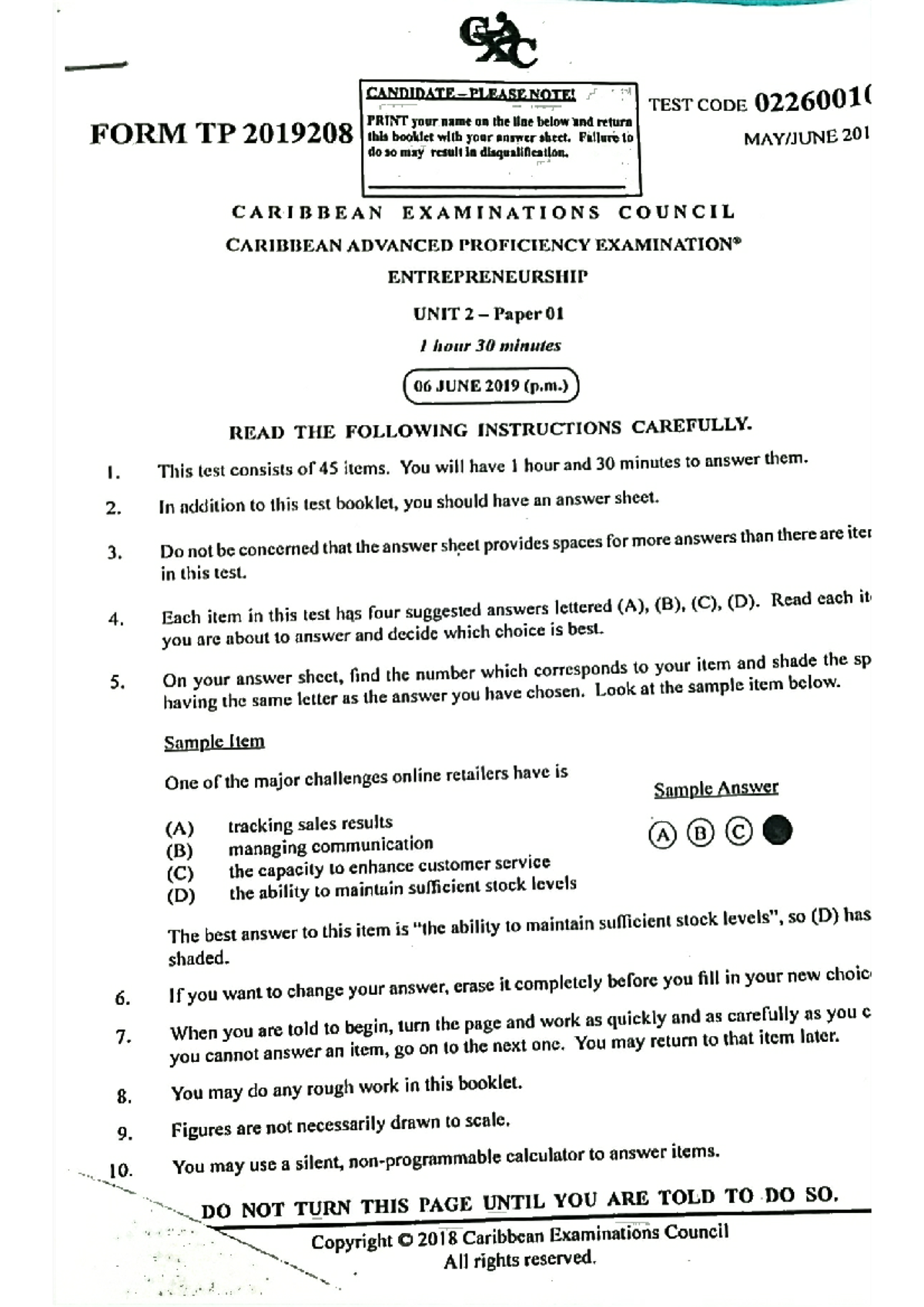 CAPE Entrepreneurship 2019 U2 Final Exam Question Paper - Studocu